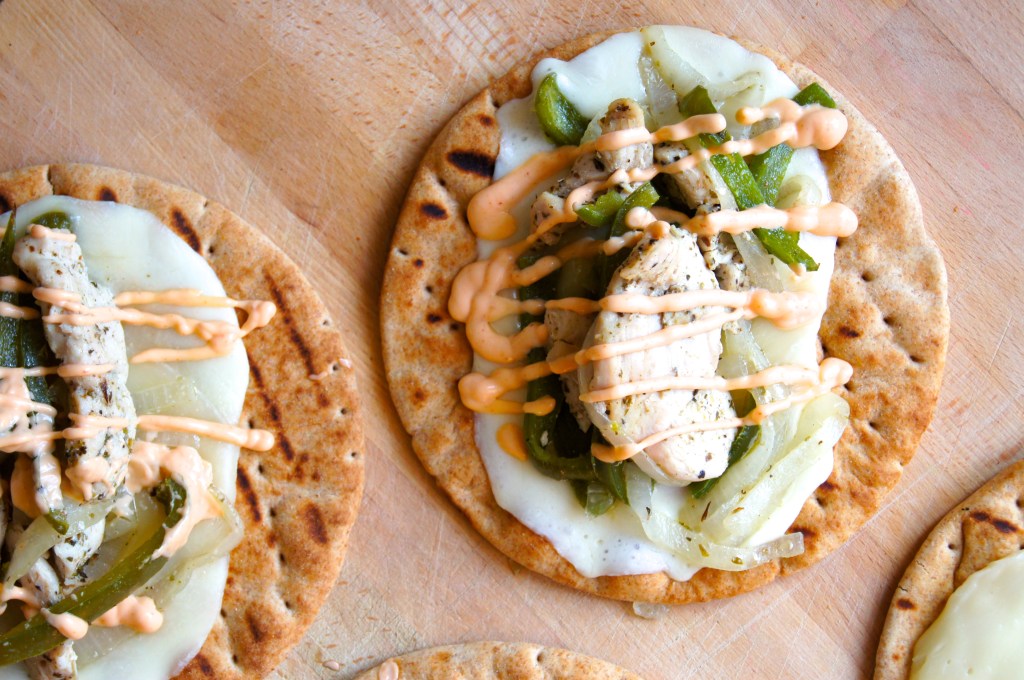 One-Pan Chicken Philly Pitas with Sriracha Mayo