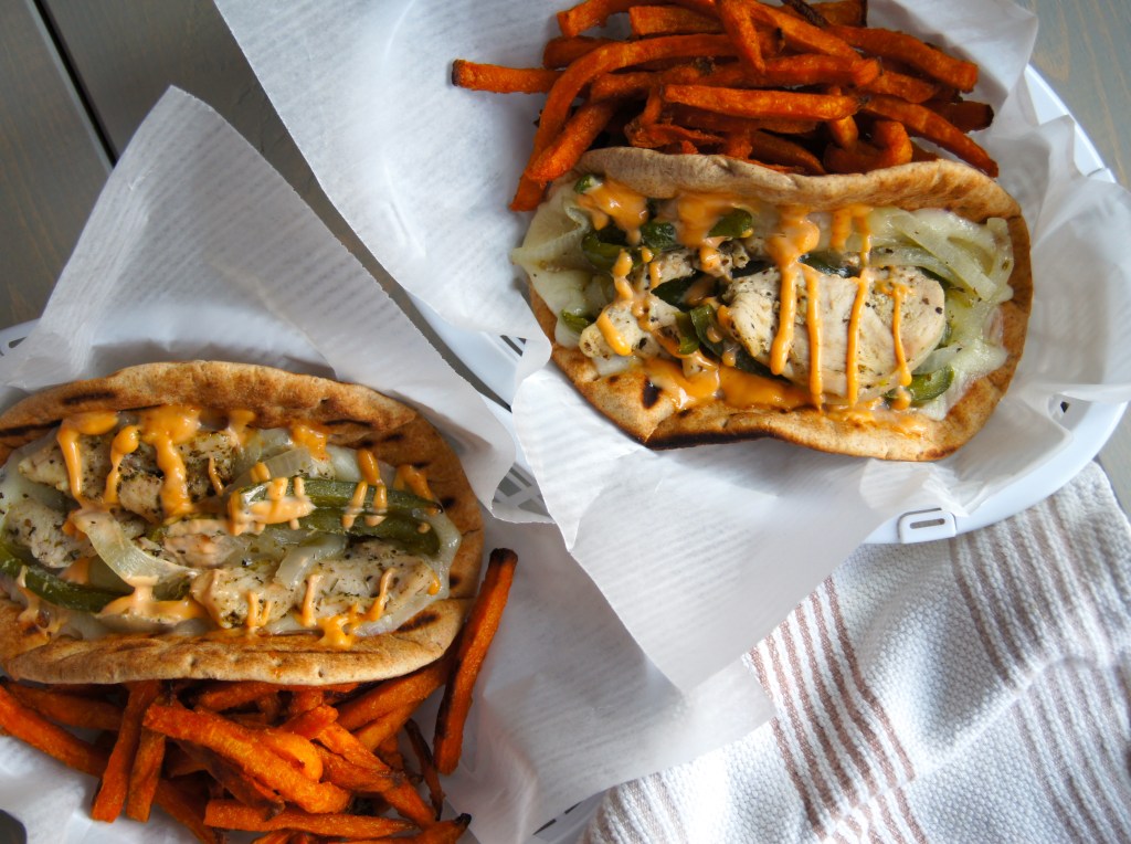 One-Pan Chicken Philly Pitas with Sriracha Mayo