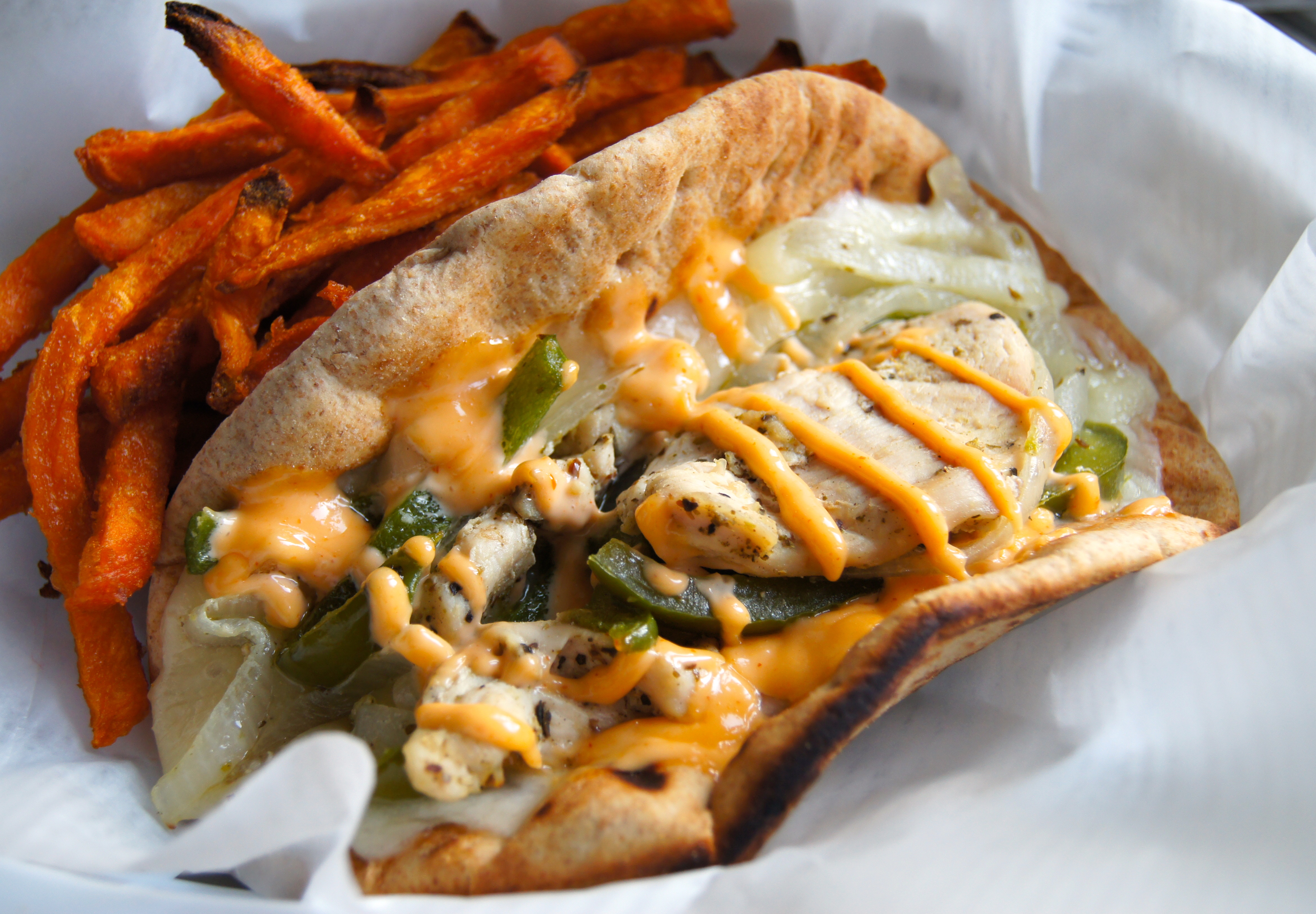 One-Pan Chicken Philly Pitas with Sriracha Mayo